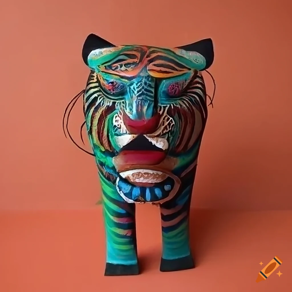 Wooden Bali tiger with colorful markings in primitive art style on Craiyon