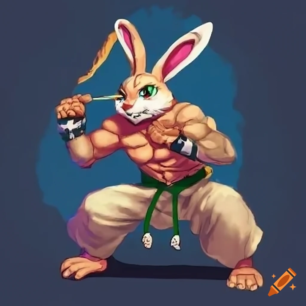 Anthropomorphic rabbit in a street fighter scene on Craiyon