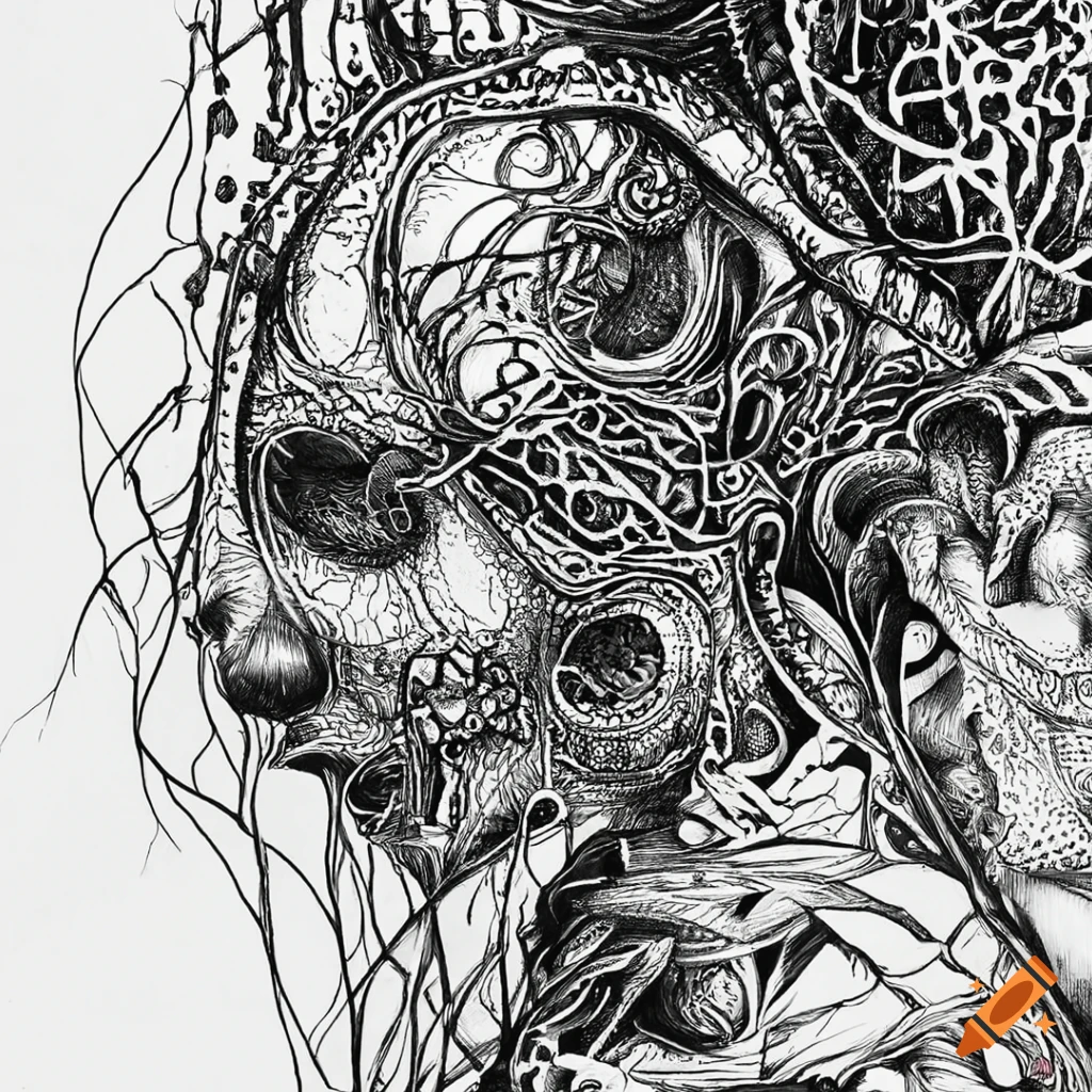 Intricate black and white pen drawing with chaotic patterns on Craiyon