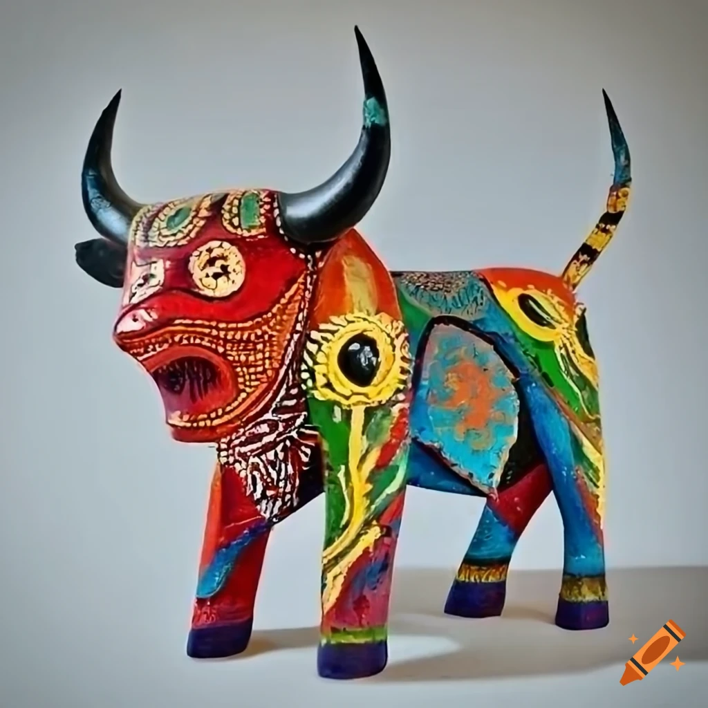 Wooden Bali bull with colorful markings in a primitive art craft style ...