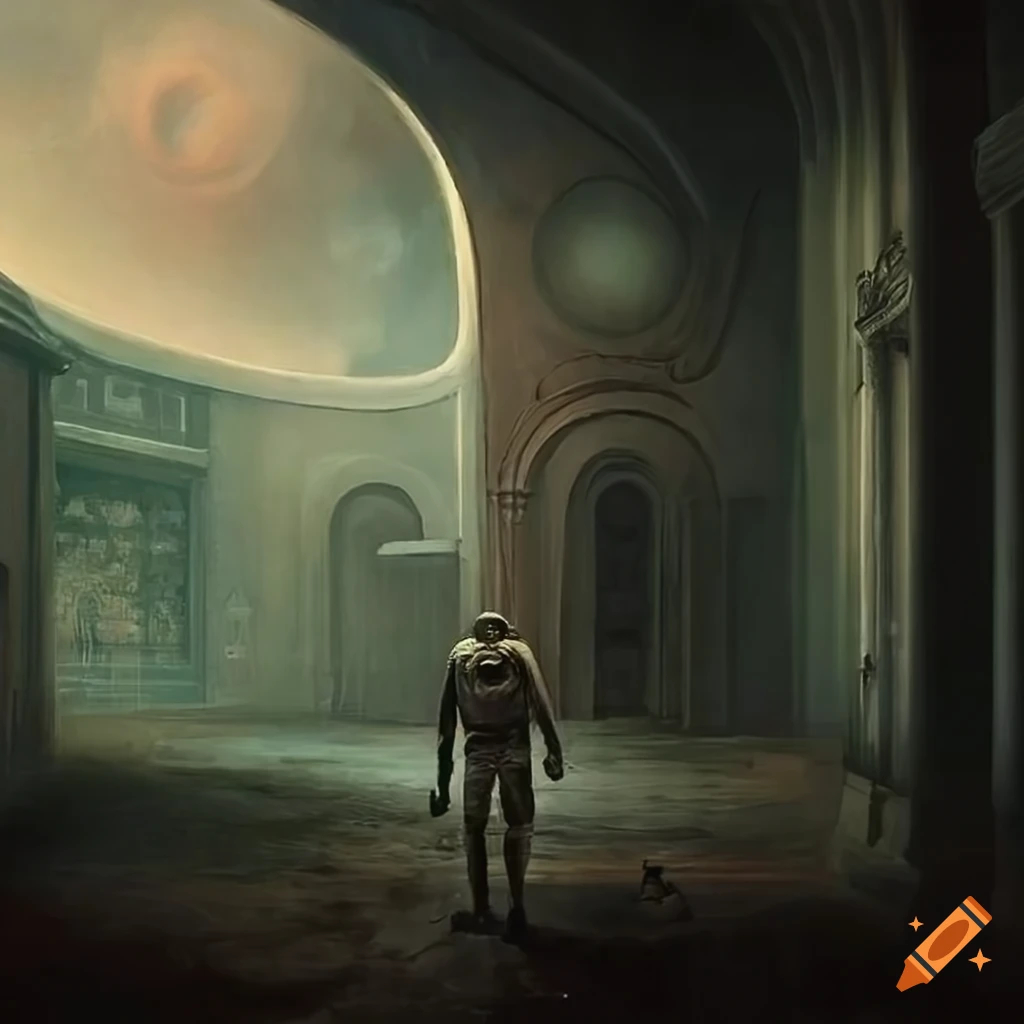 Intricate hyper-realistic modern dead shopping-mall with a mysterious ...