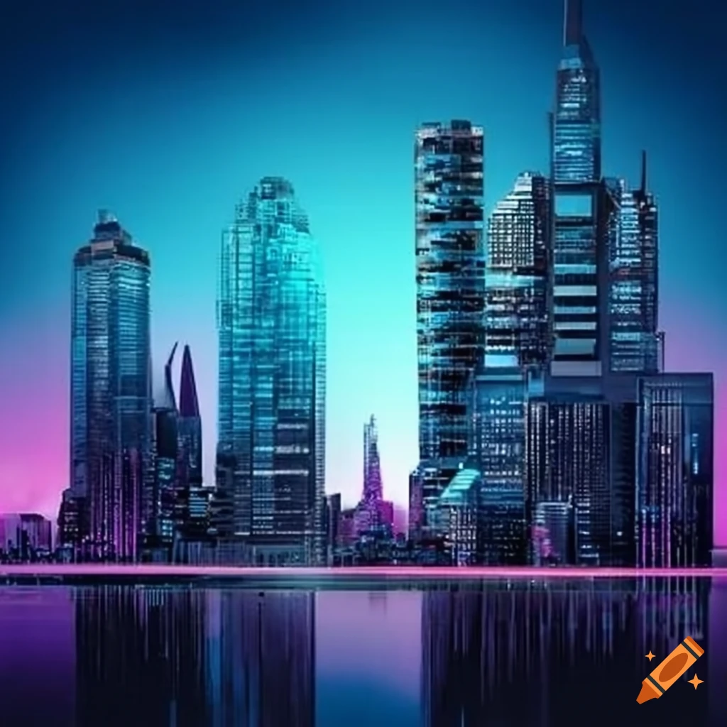 Modern city skyline with skyscrapers spelling rt edits on Craiyon