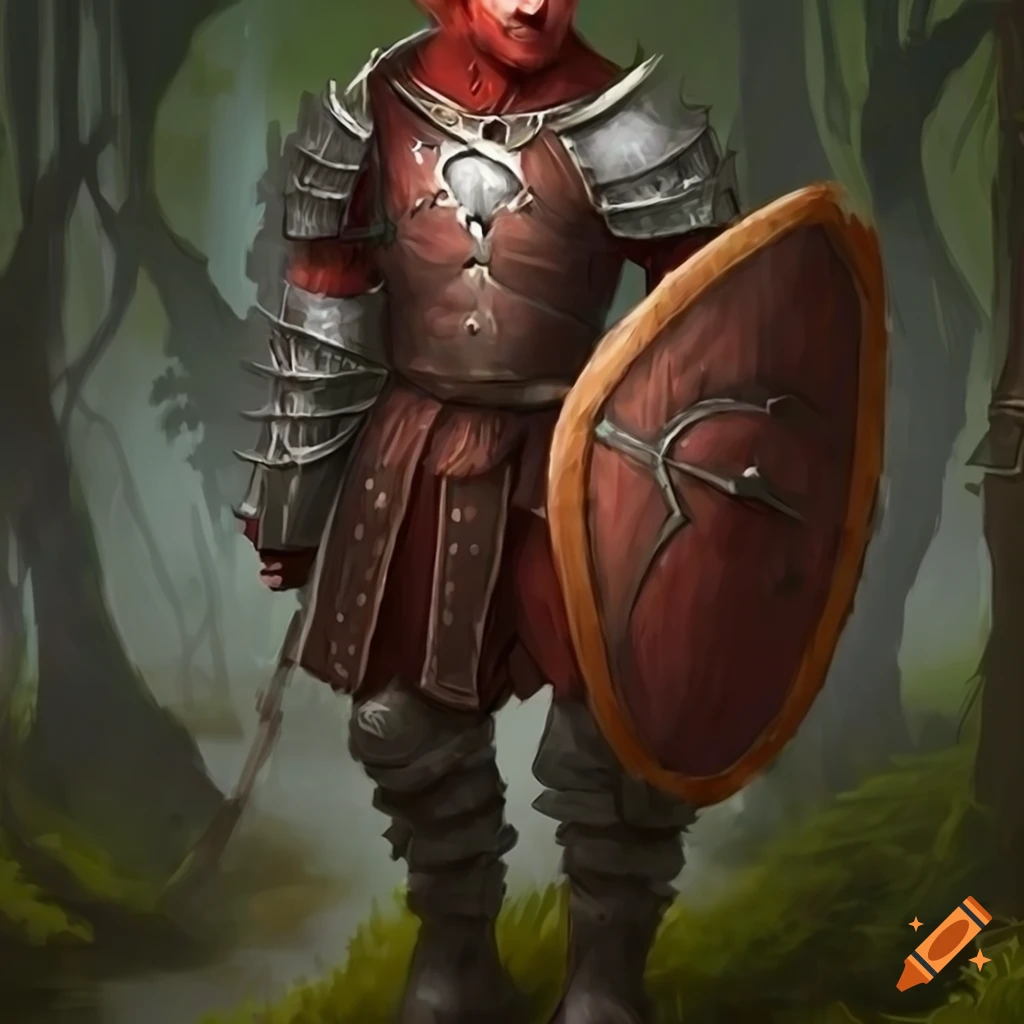 Red-skinned hobgoblin warrior in black leather armor with shield and ...