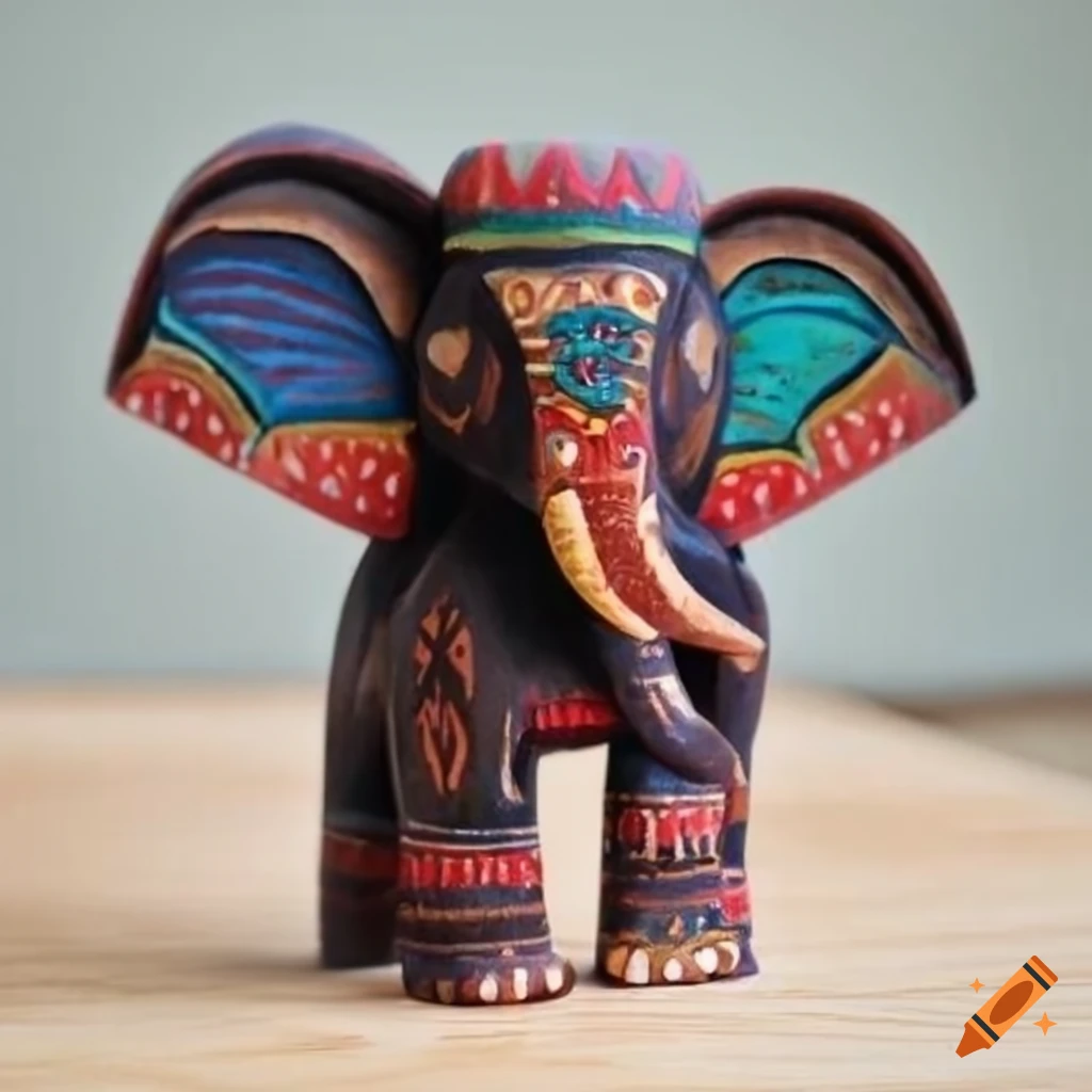 Wooden elephant with colorful markings in Bali primitive art style on ...