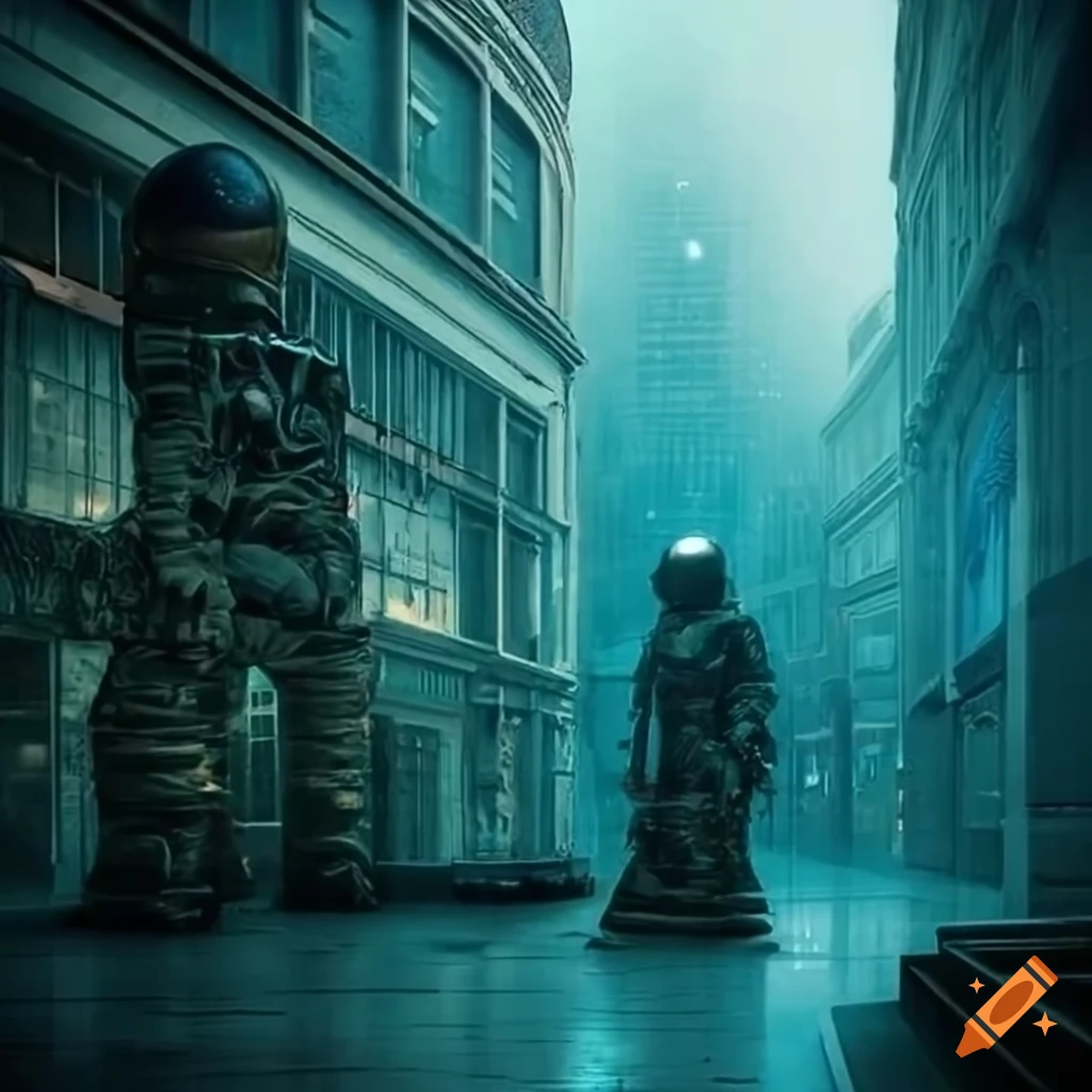 Modern hyper-realistic dead shopping mall with a mysterious astronaut ...