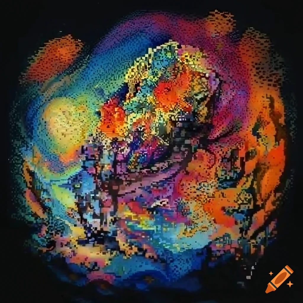 Pixel art showcasing dithering and colorful ink traditional art on Craiyon