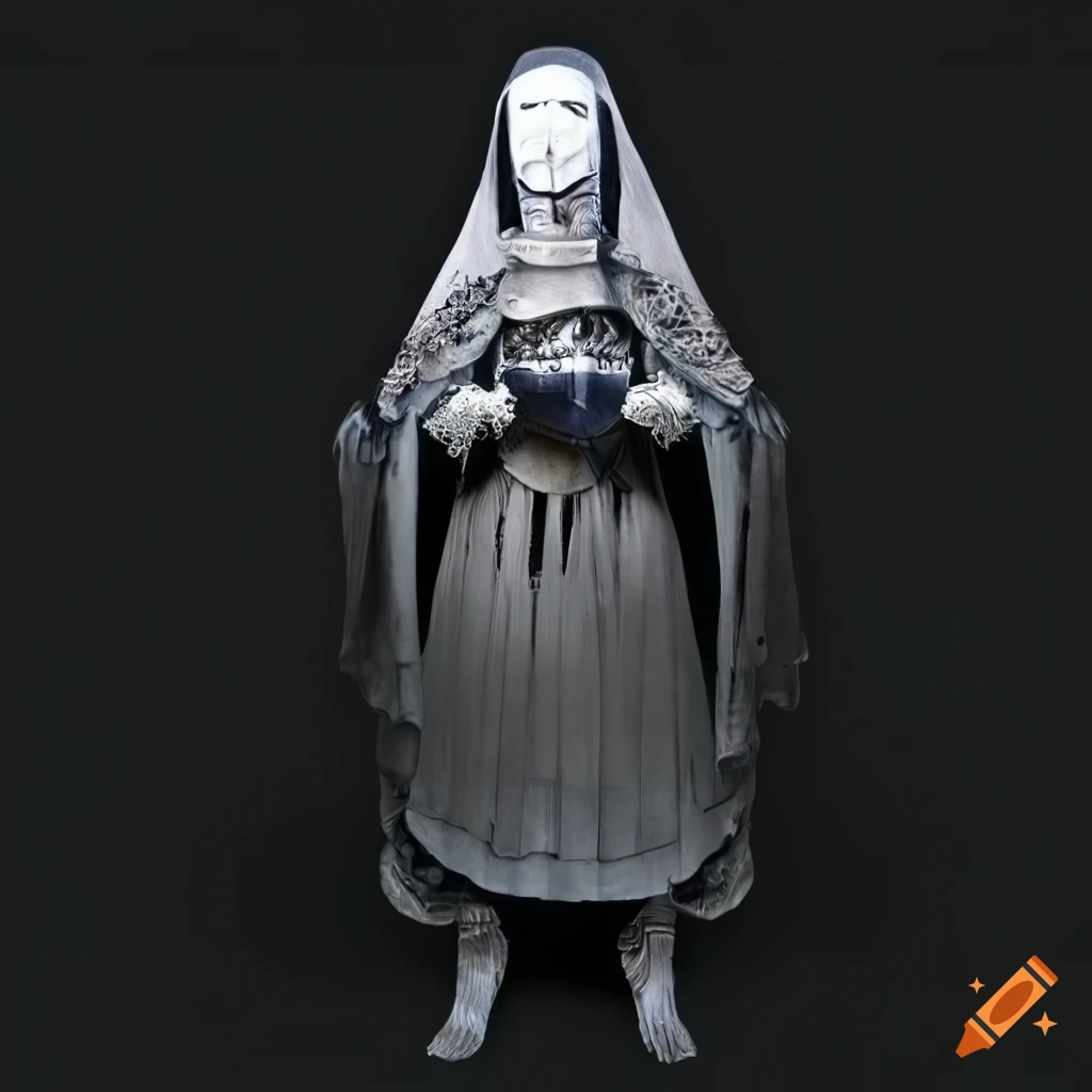 Holy-shrouded insect astronaut-nun in futuristic victorian-era black ...