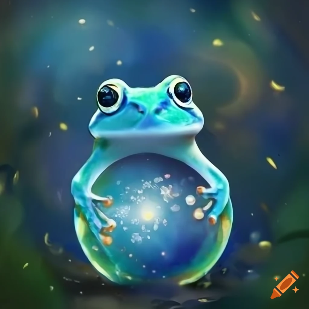 Blue fairy frog held by a crystal orb in a magical forest with ...