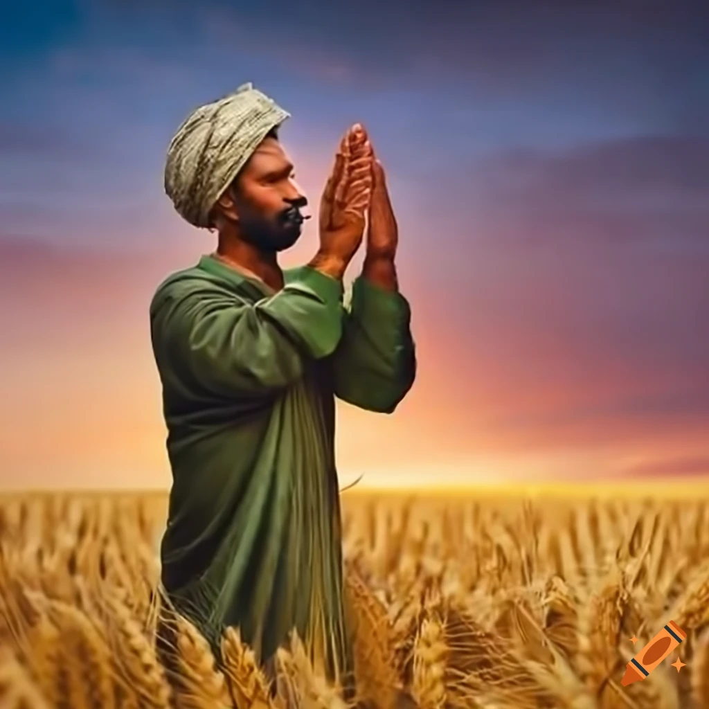 Farmer praying for protection of wheat crop in harsh weather on Craiyon