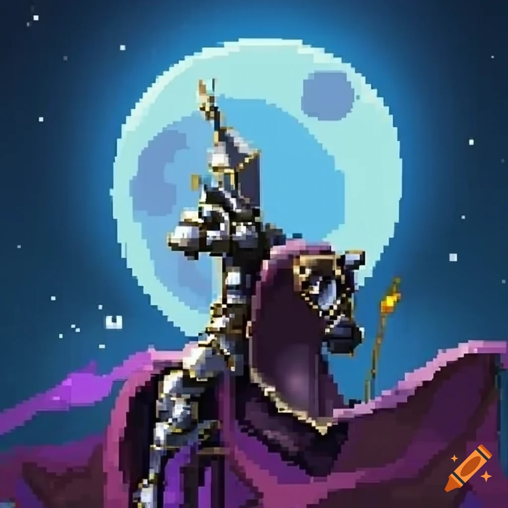 Pixel art of a magic knight on a horse under the moon on Craiyon