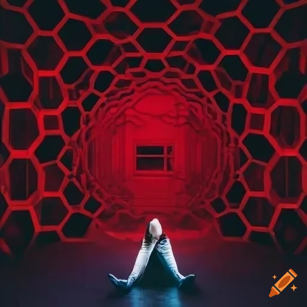 Woman sitting in a dark room looking through a red hexagonal screen on Craiyon