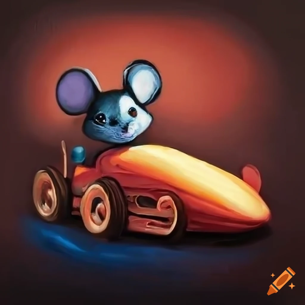 Mouse driving a race car in a whimsical painting on Craiyon