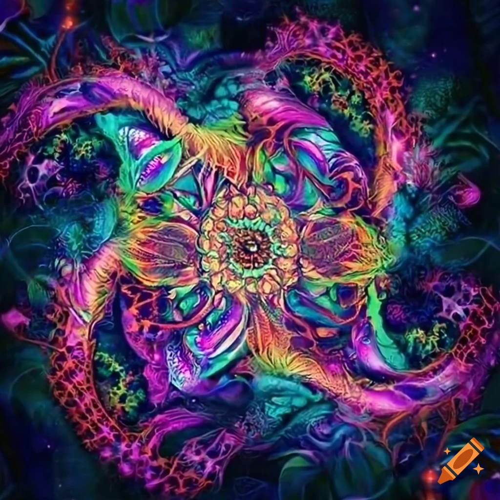 Psychedelic magical plants shaping animals with geometric background on ...