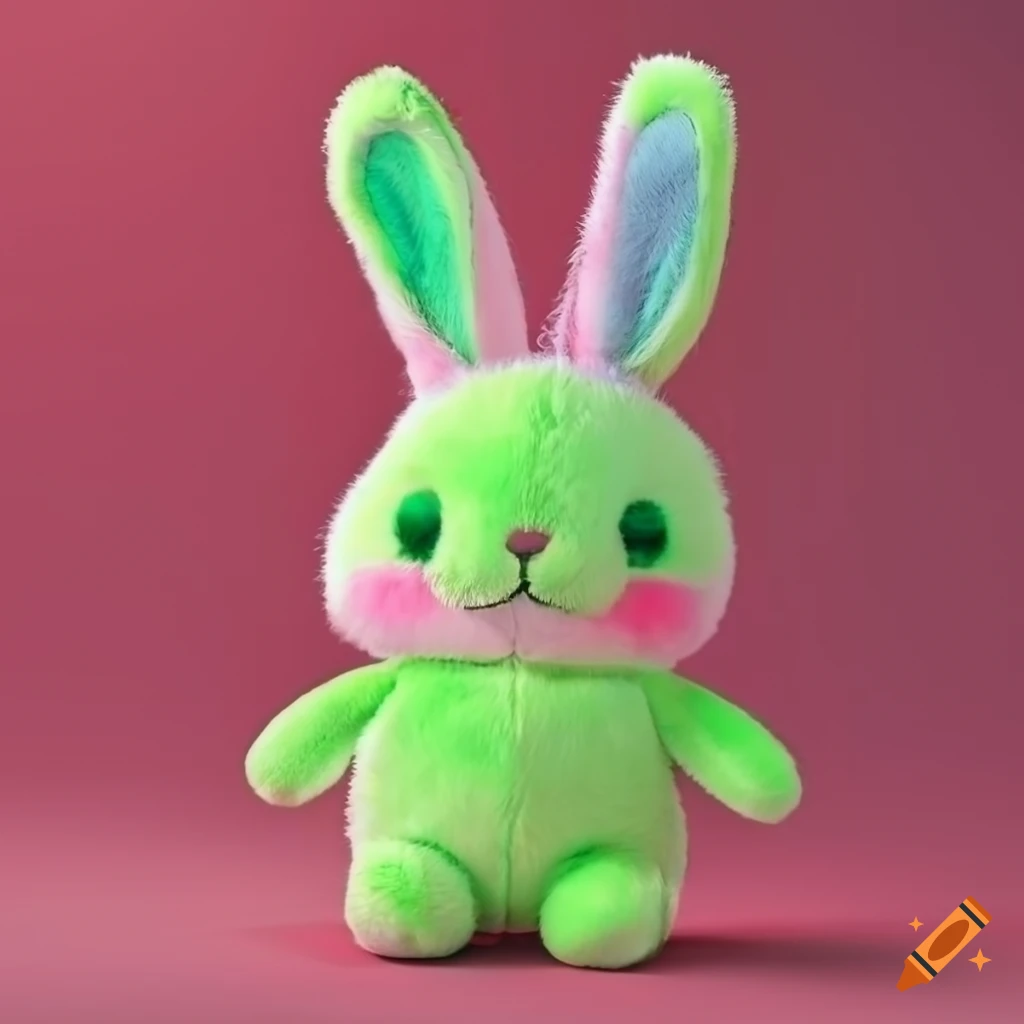 Long-haired plush chubby lime rabbit on red background with silver ...