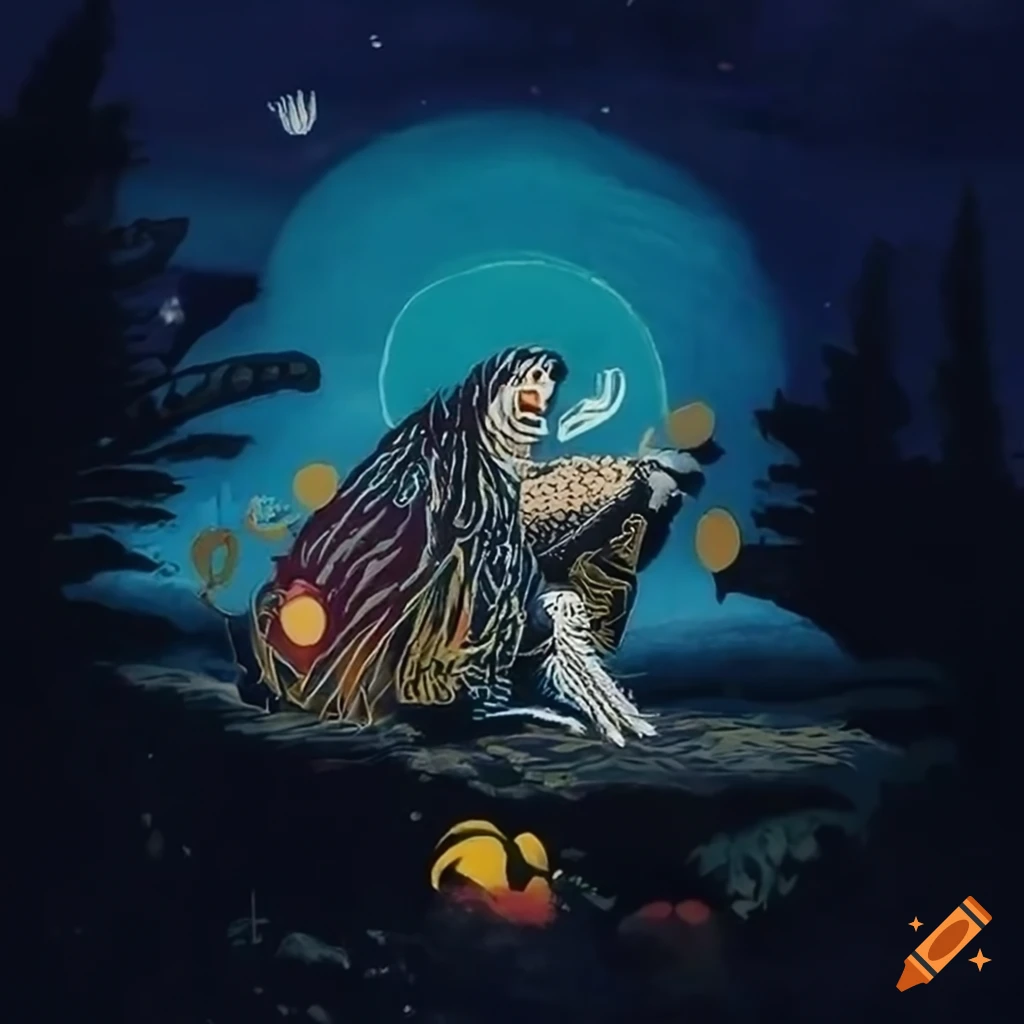 Color serigraph with native creature motifs and designs in panoramic ...