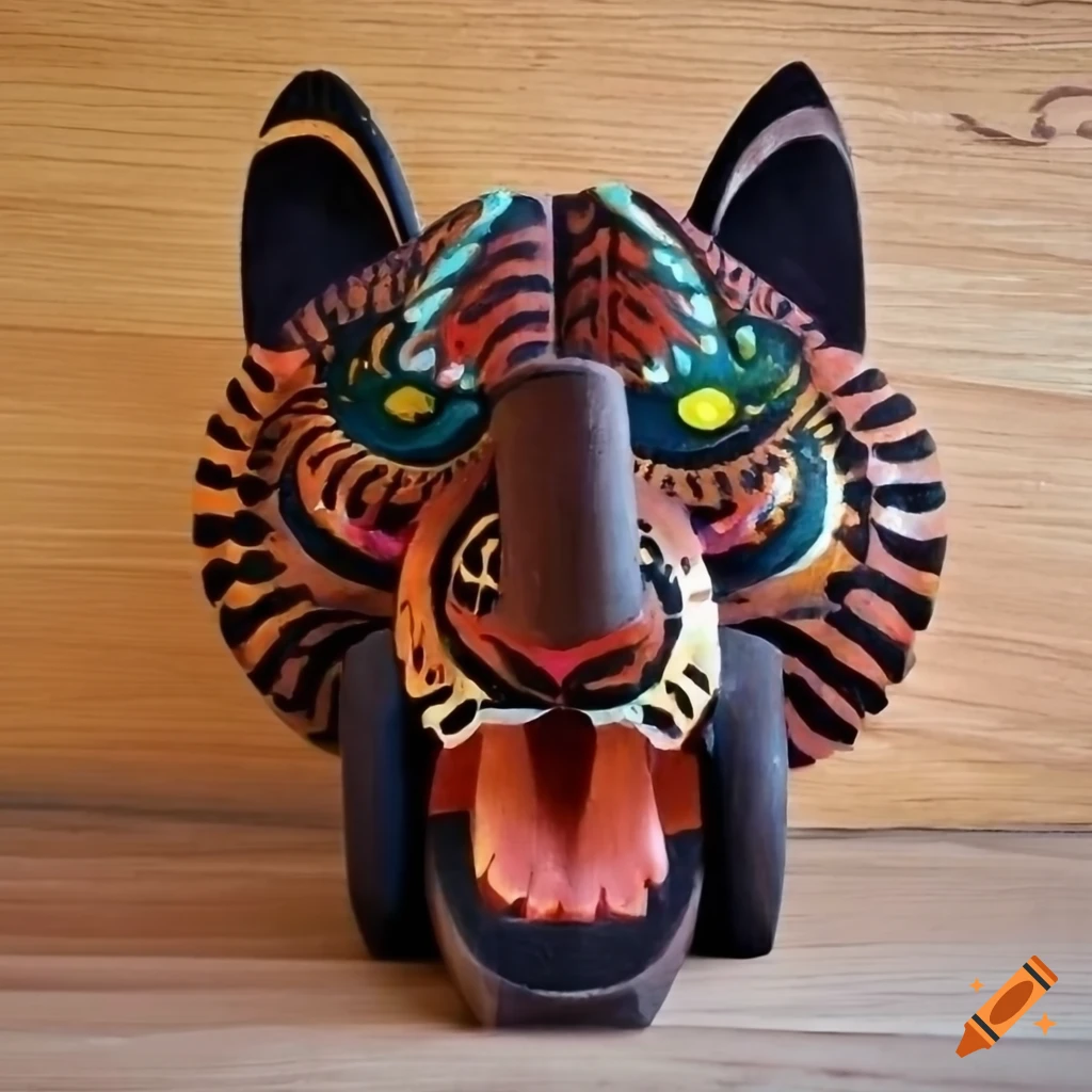 Wooden Bali tiger with colorful markings in primitive art style on Craiyon