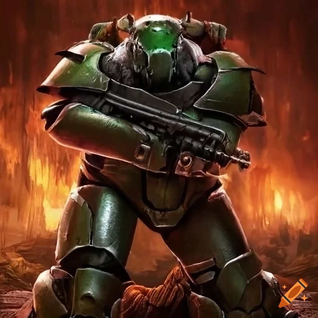 Power armor emerging from the ground in burgundy, moss green, and ...