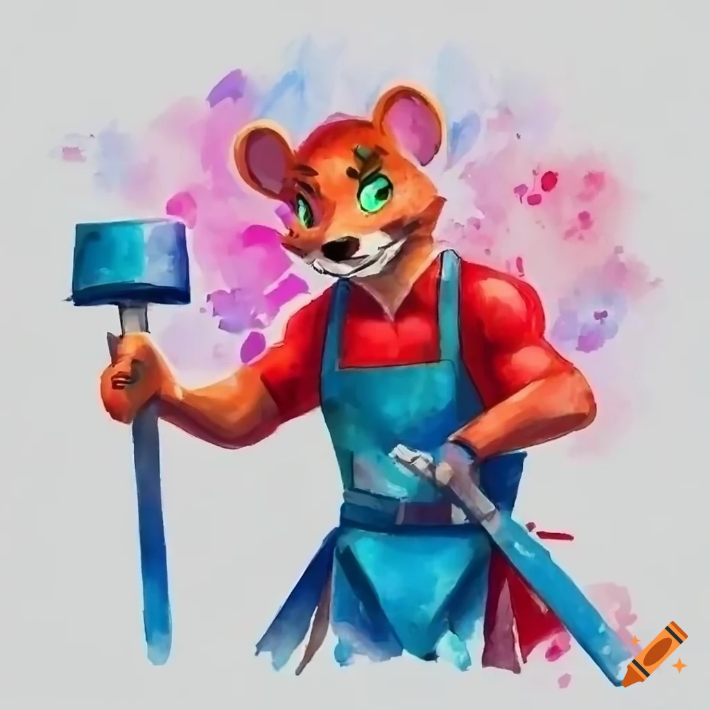 Cute anthro mouse in blacksmith outfit in watercolor style on Craiyon