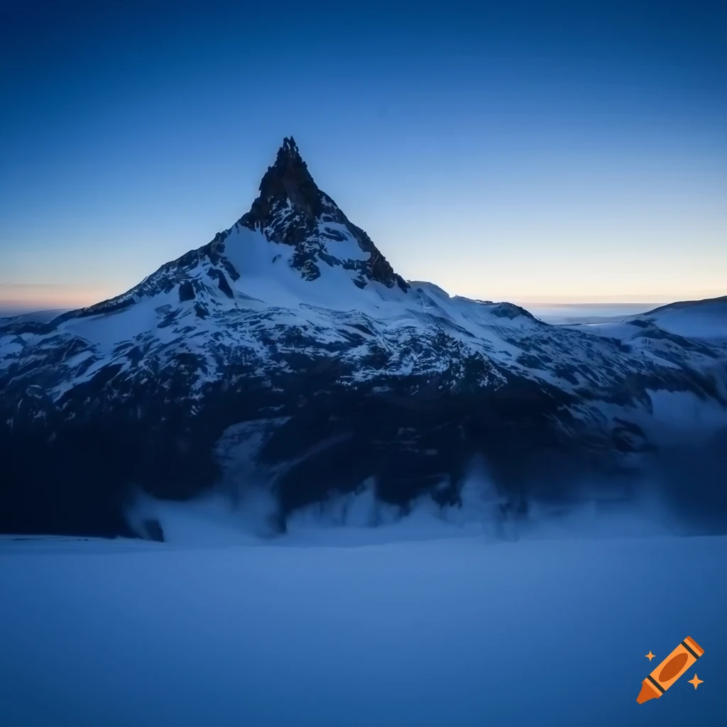 Breathtaking longshot view of towering mountain peak surrounded by icy ...