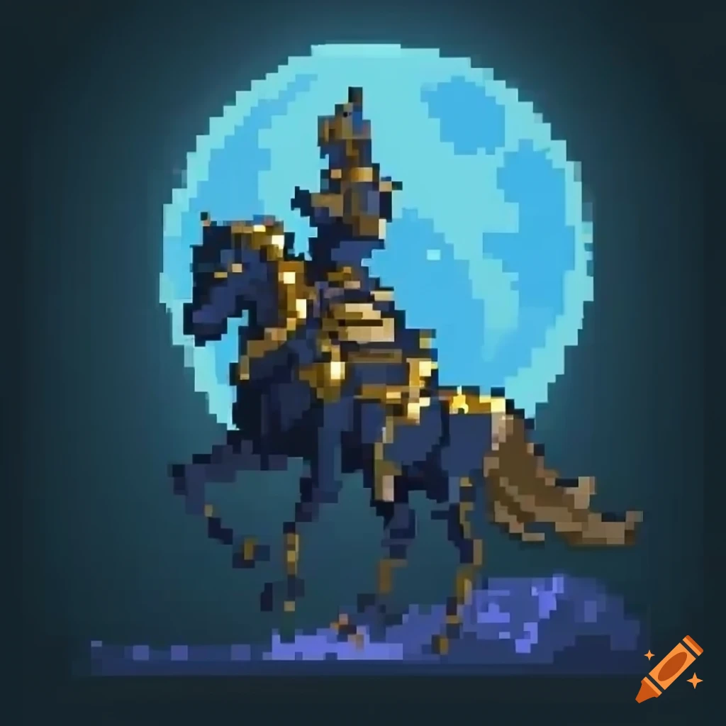 Pixel art of a magic knight riding a horse under the moon on Craiyon