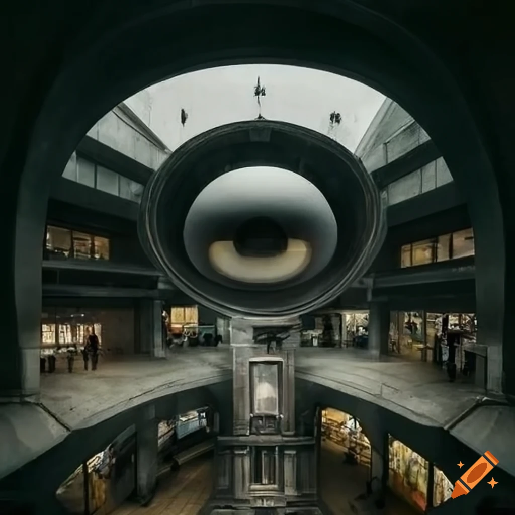 Modern hyper-realistic dead shopping mall with a mysterious astronaut ...