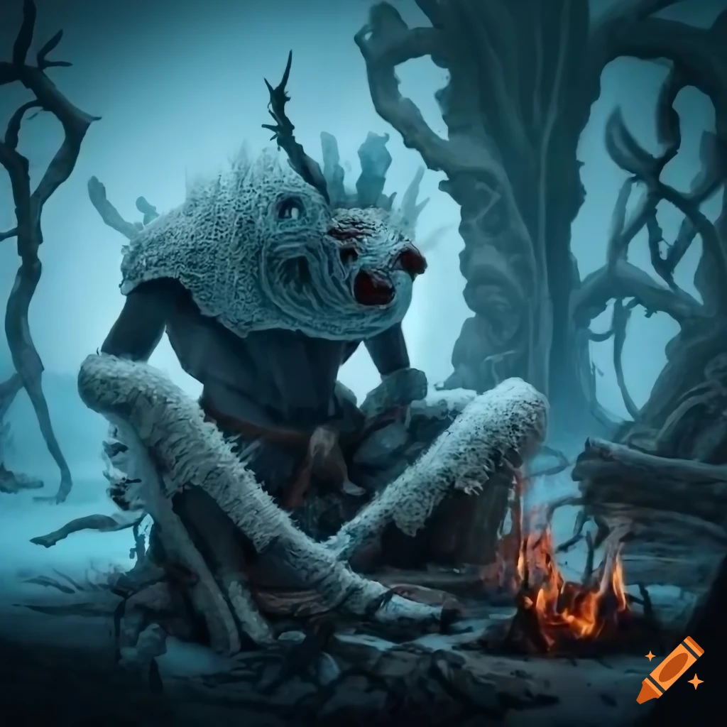 Frostbitten knight resting by campfire in frozen wasteland near ancient ...