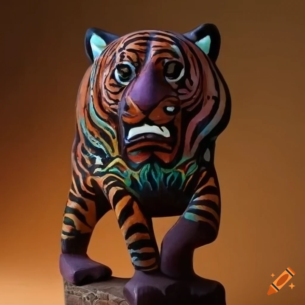 Wooden Bali tiger with colorful markings in a primitive art style on ...