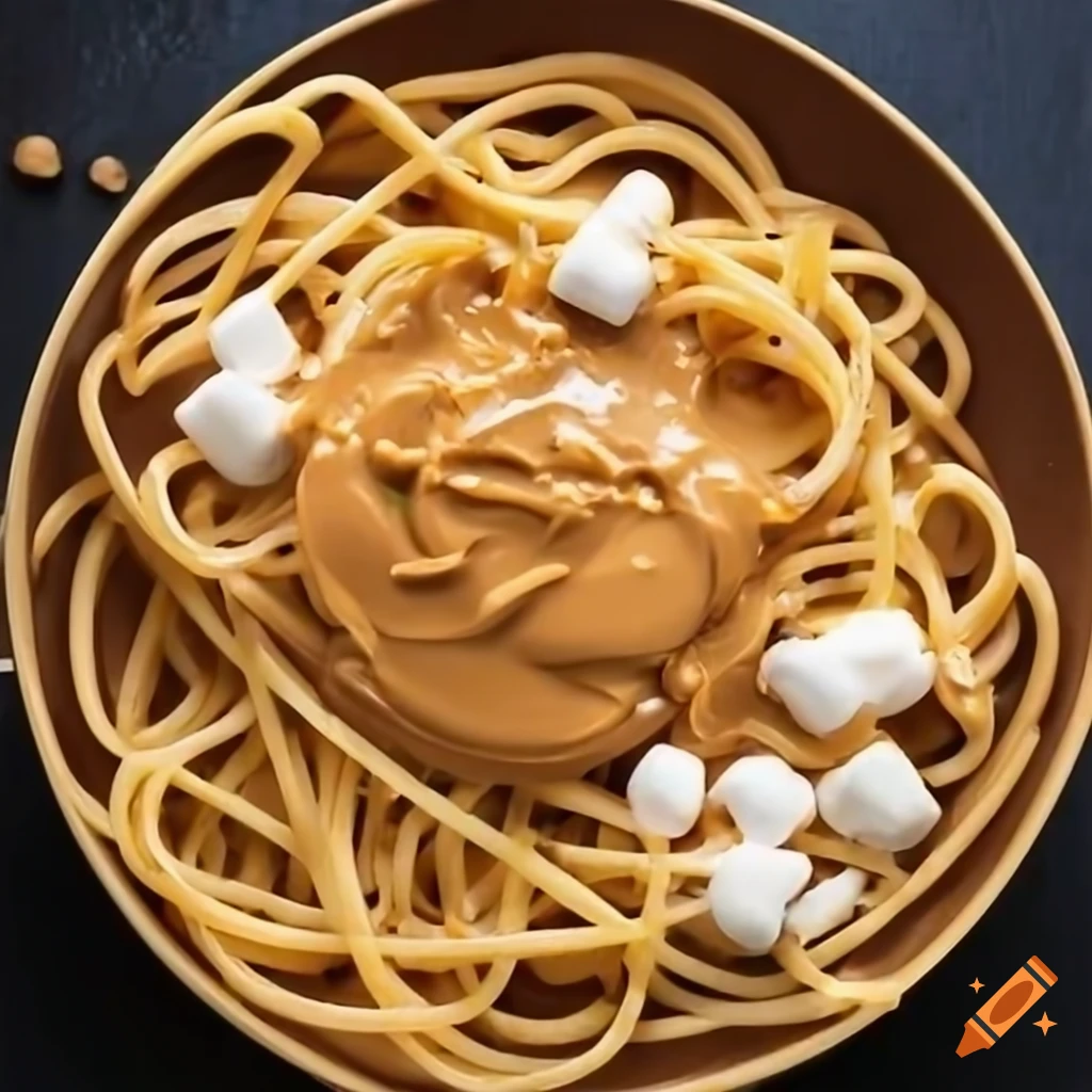 Peanut butter and marshmallow spaghetti in high definition on Craiyon