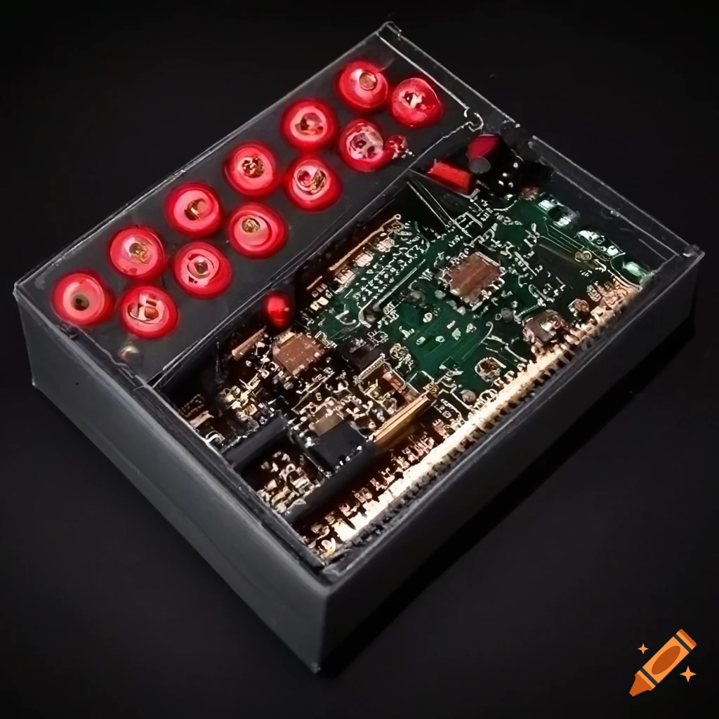 Pcb testing station with bed of nails, red buttons, leds, and lcd ...