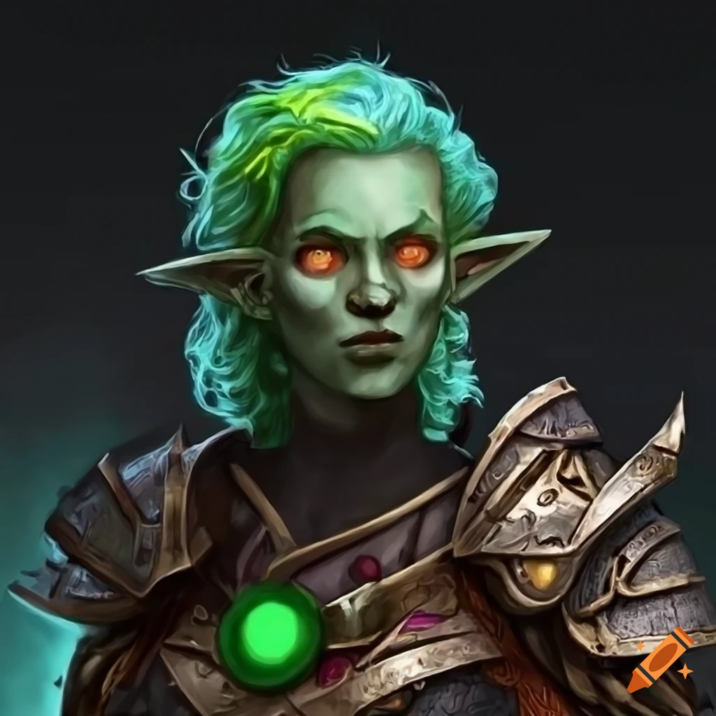 Earth genasi warrior with green hair in armor on Craiyon