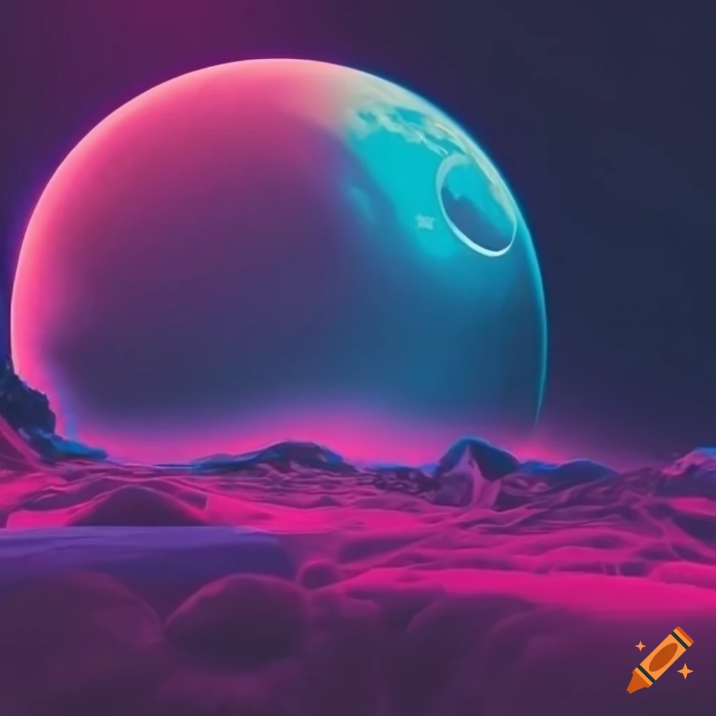 Moody neon retro planet with a moon on Craiyon
