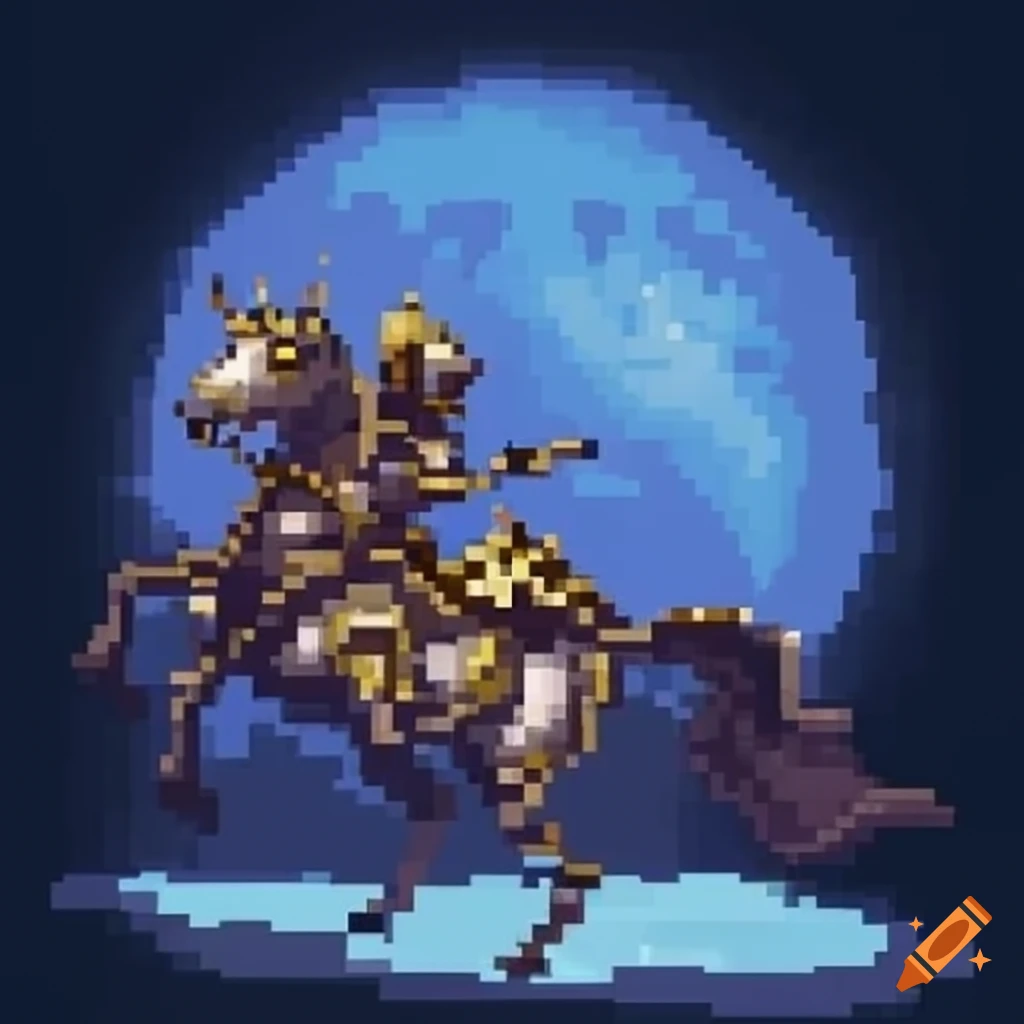 Pixel art of a magic knight on horseback under the moon on Craiyon