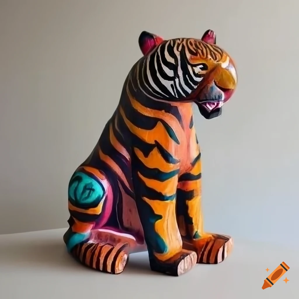 Wooden Bali tiger with colorful markings in intricate primitive art ...