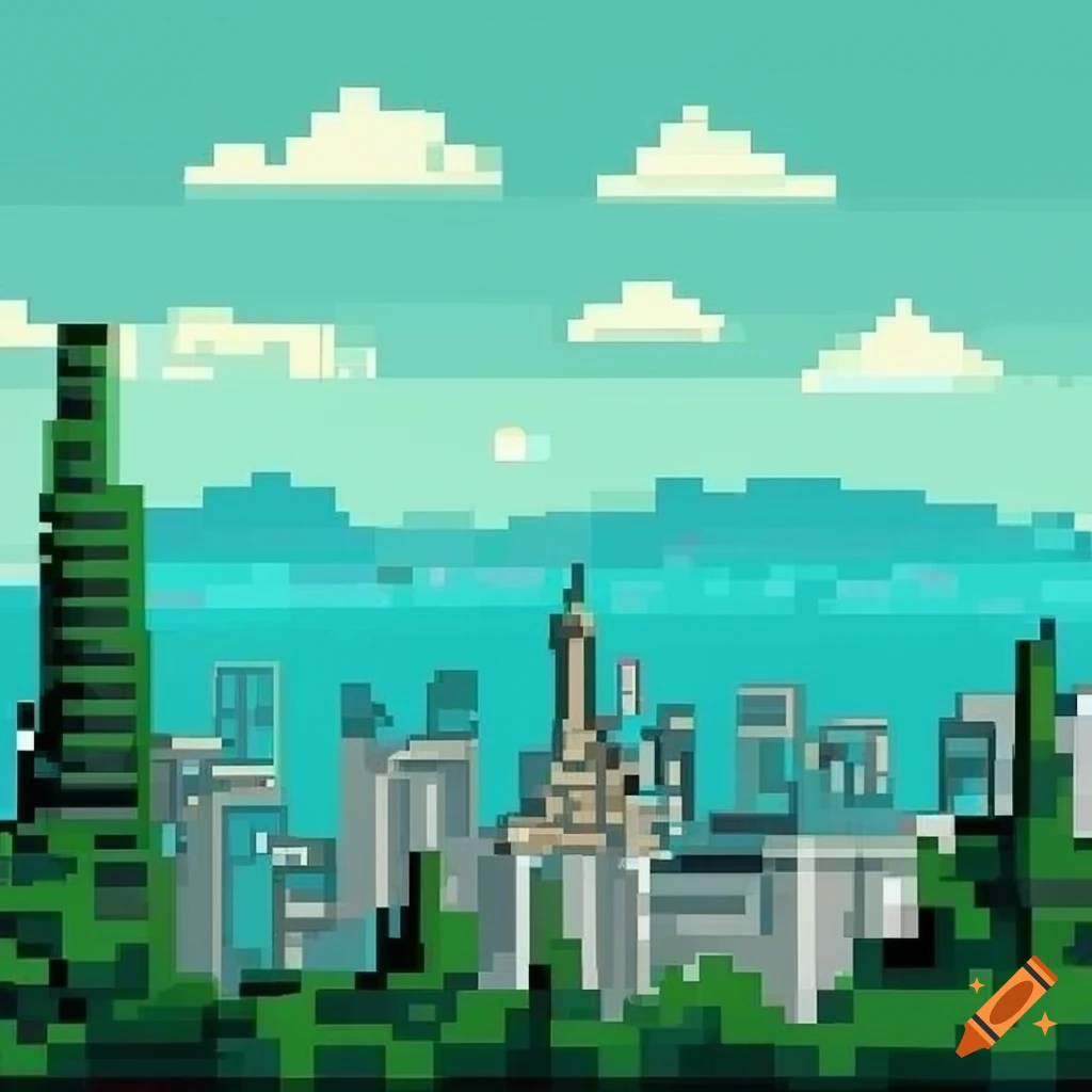 Ecology-themed pixel art landscape in monochrome on Craiyon