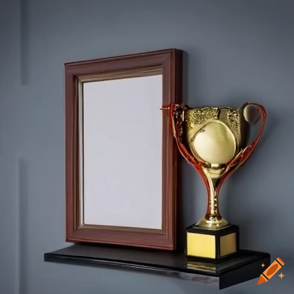 Shelf with picture frame and volleyball trophies on Craiyon