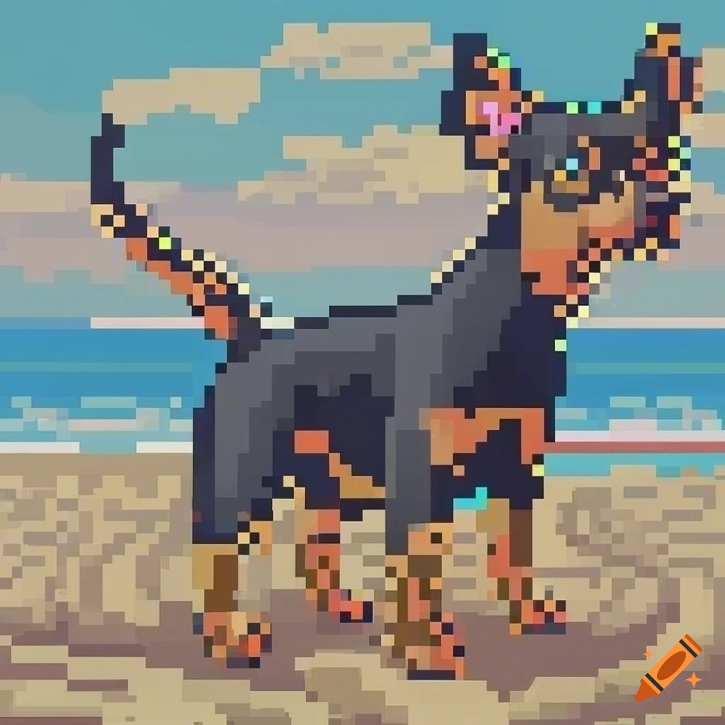 Pixel art of prague ratter dog on a sandy beach background on Craiyon