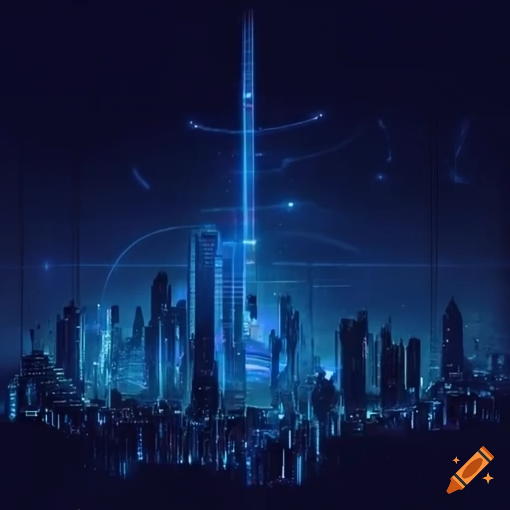Futuristic city in holographic star chart map style on Craiyon