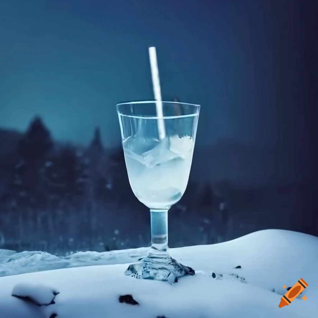 Glass with ice and straw on window sill overlooking snowy landscape on ...