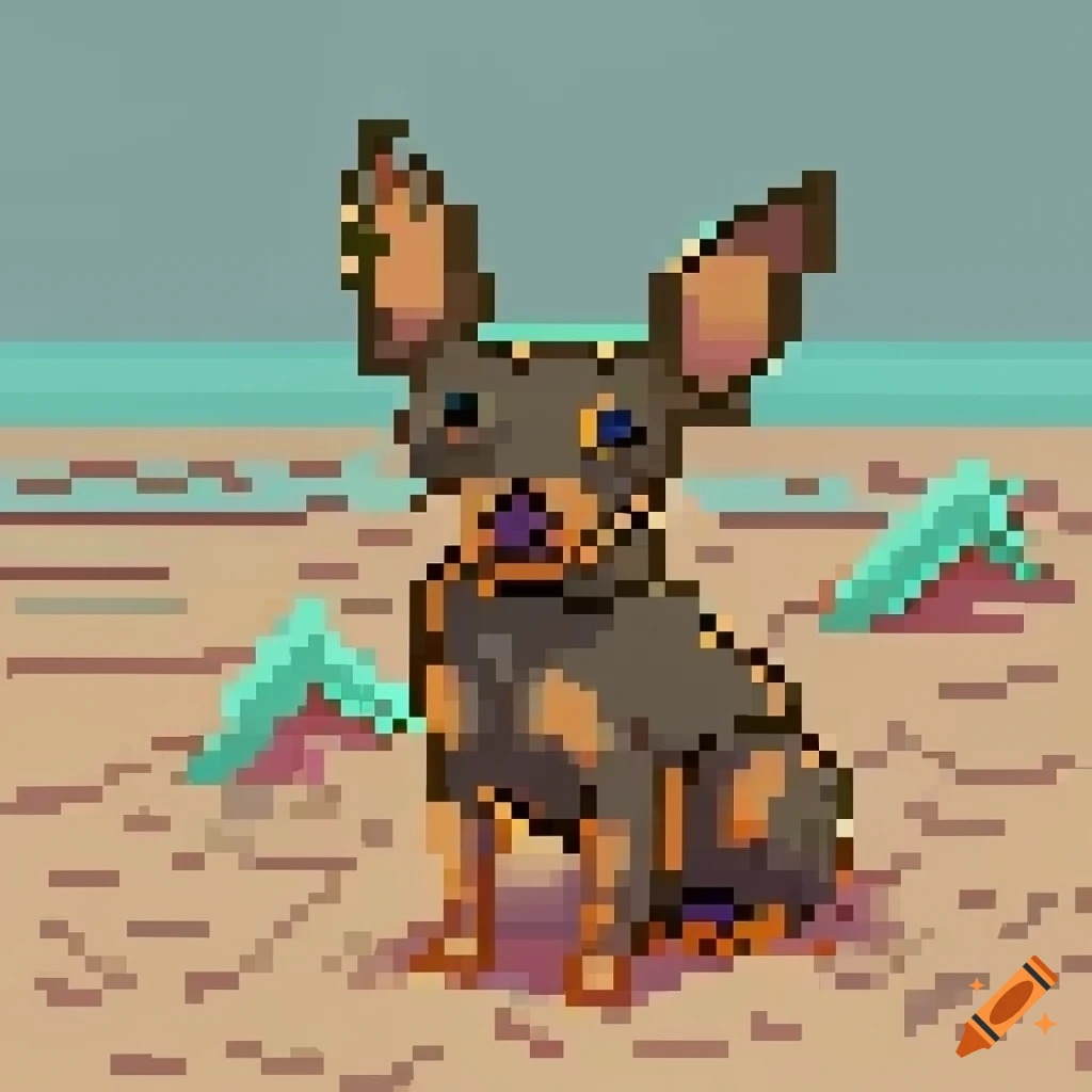Pixel art of a prague ratter dog on a sandy beach background on Craiyon