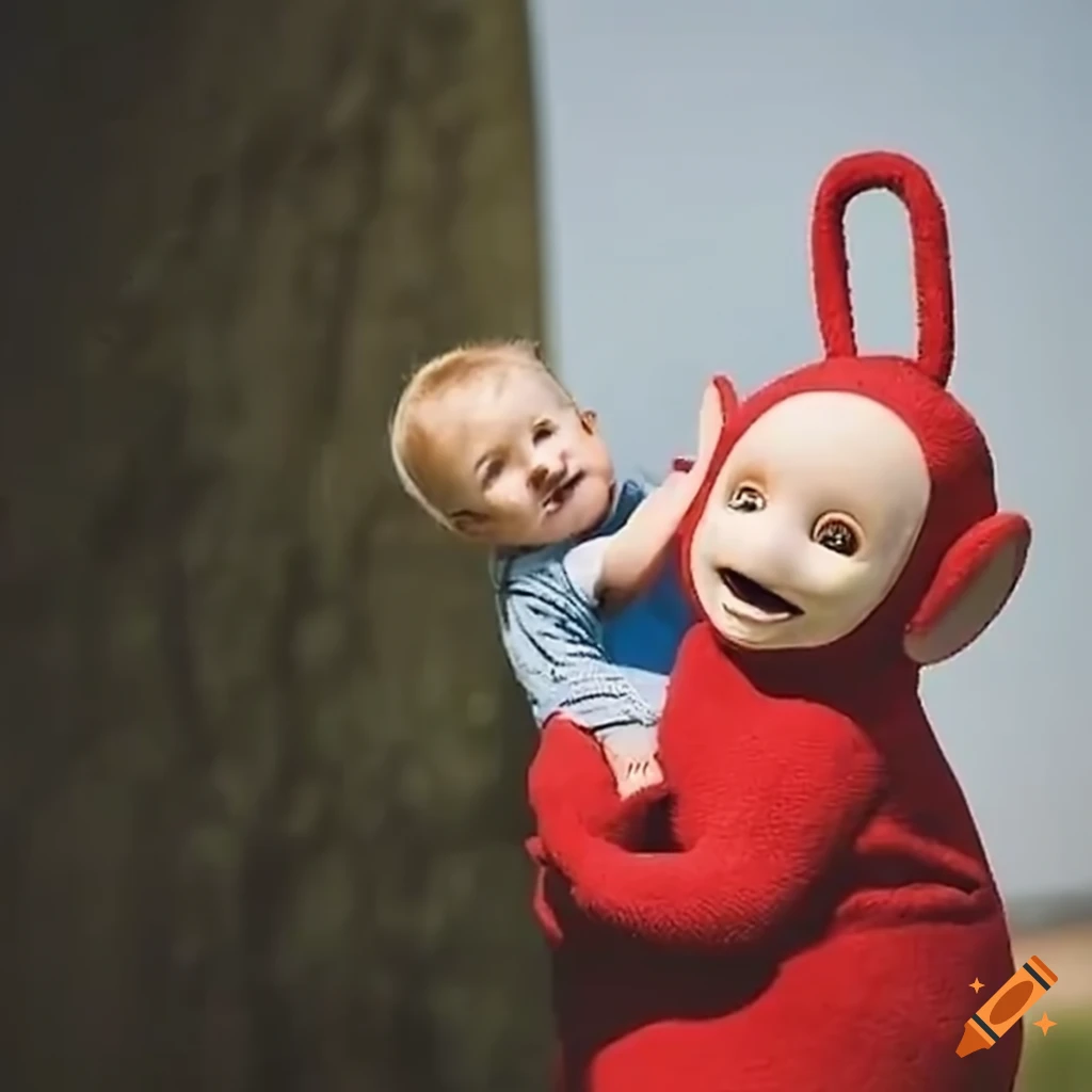 Female teletubby offers piggyback ride to a tall boy on Craiyon