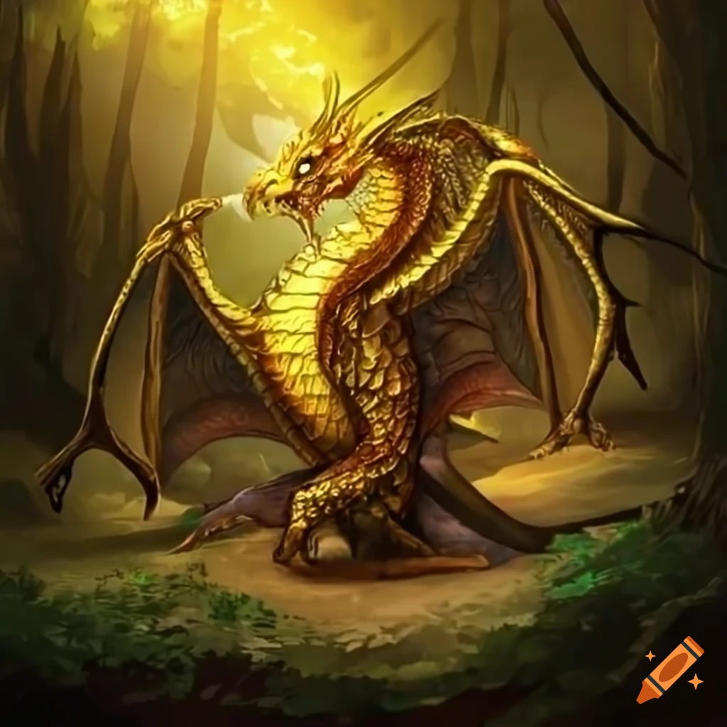 Majestic golden dragon with battle scars in a forest setting on Craiyon