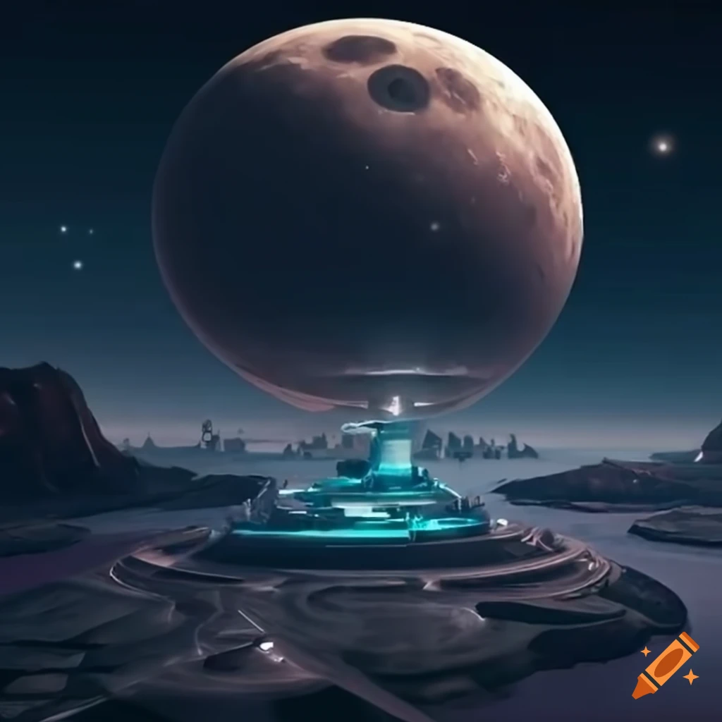 Futuristic space station with glowing structures in the lunar landscape on Craiyon
