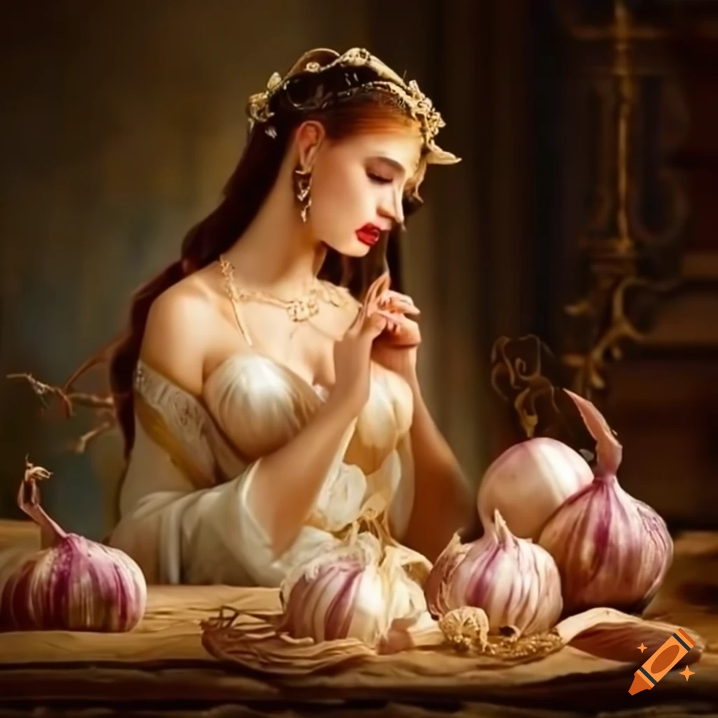 Elegant queen with garlic bulbs in an ancient romance setting on Craiyon