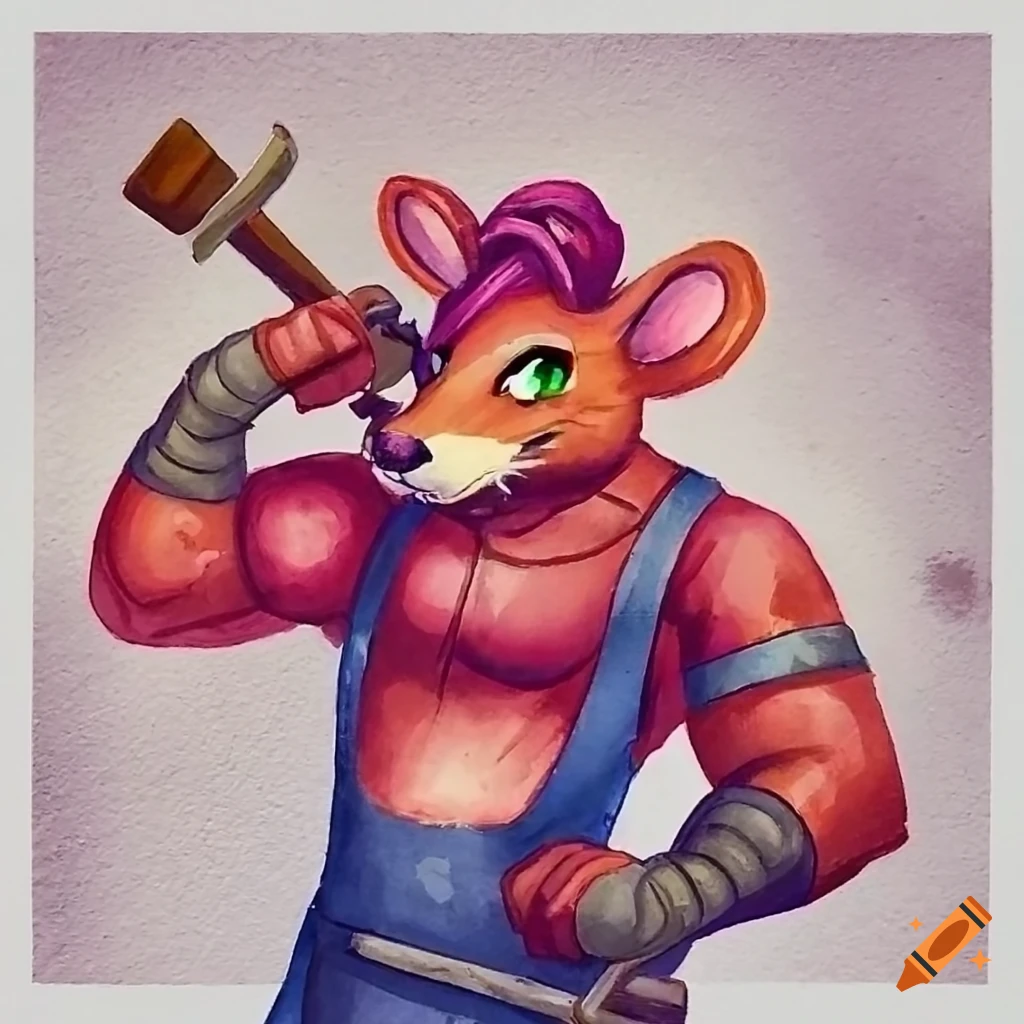 Tall red furred anthro mouse in blacksmith outfit in acrylic painting ...