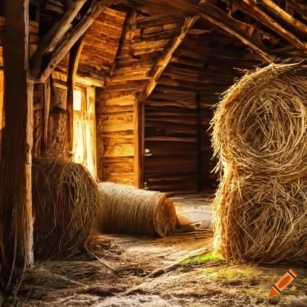 Interior of an old barn with haystacks illuminated by sun rays on Craiyon