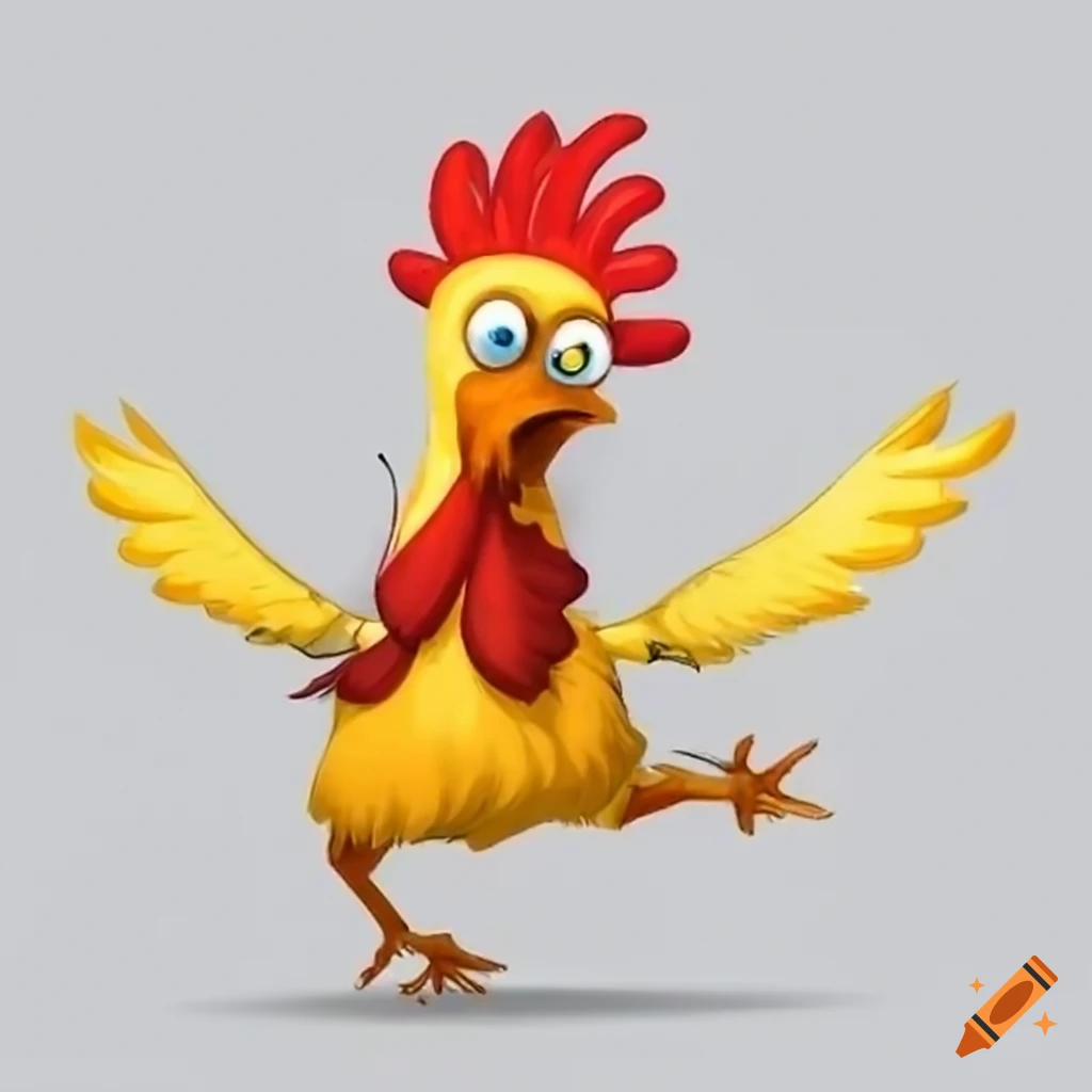 Cartoon chicken in panic flapping wings and running around on Craiyon