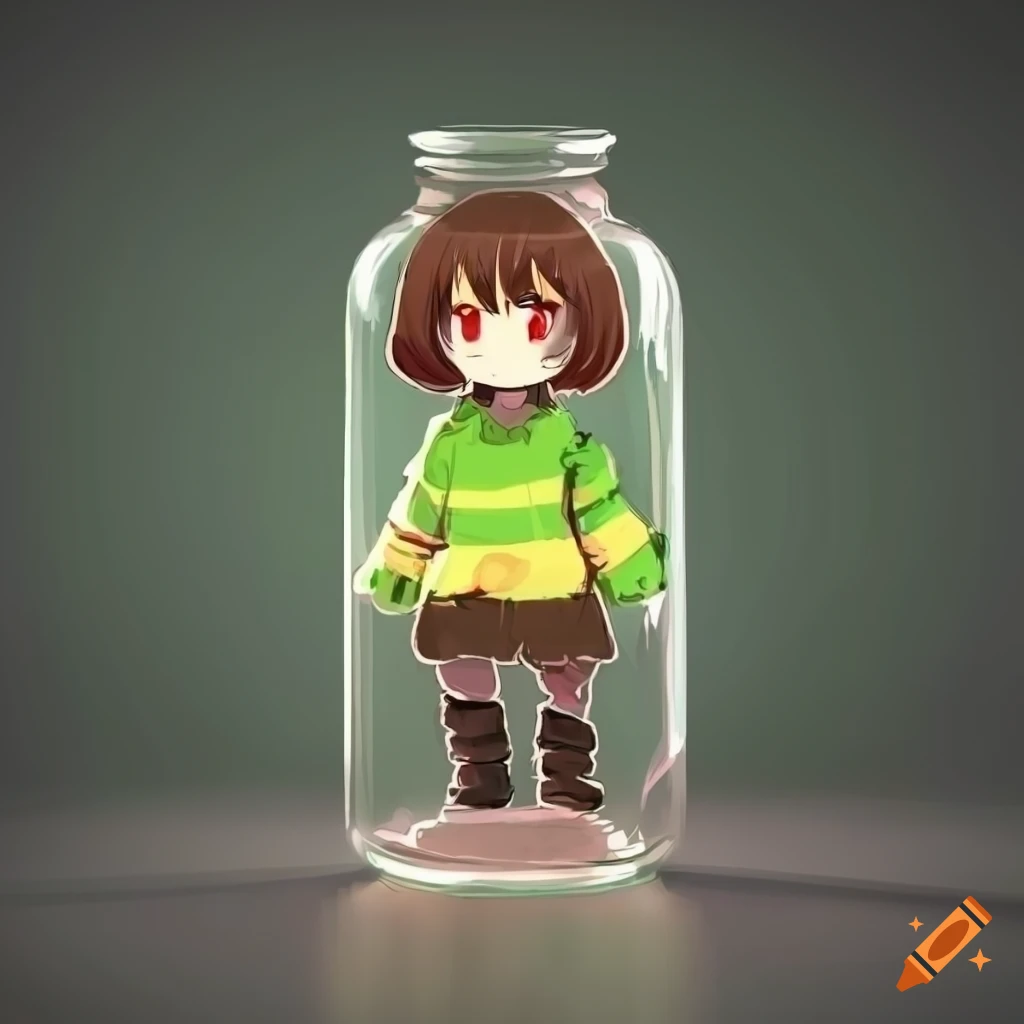 Illustration of chara from undertale in a vintage jar on Craiyon