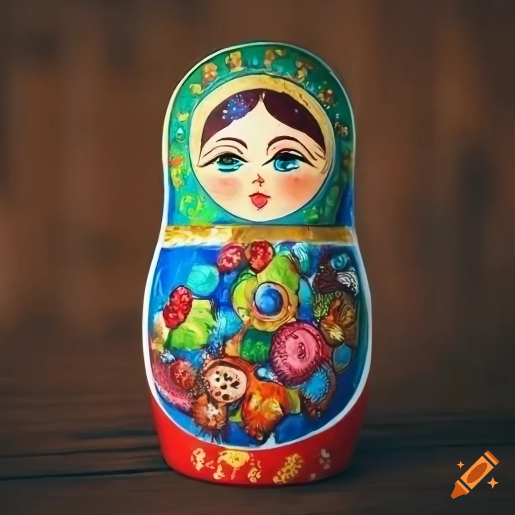 Zhostovo painting matryoshka set on wooden background on Craiyon