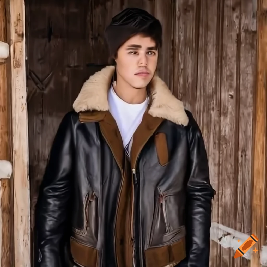 Singer in aged brown sheepskin bomber jacket and high-waist black ...