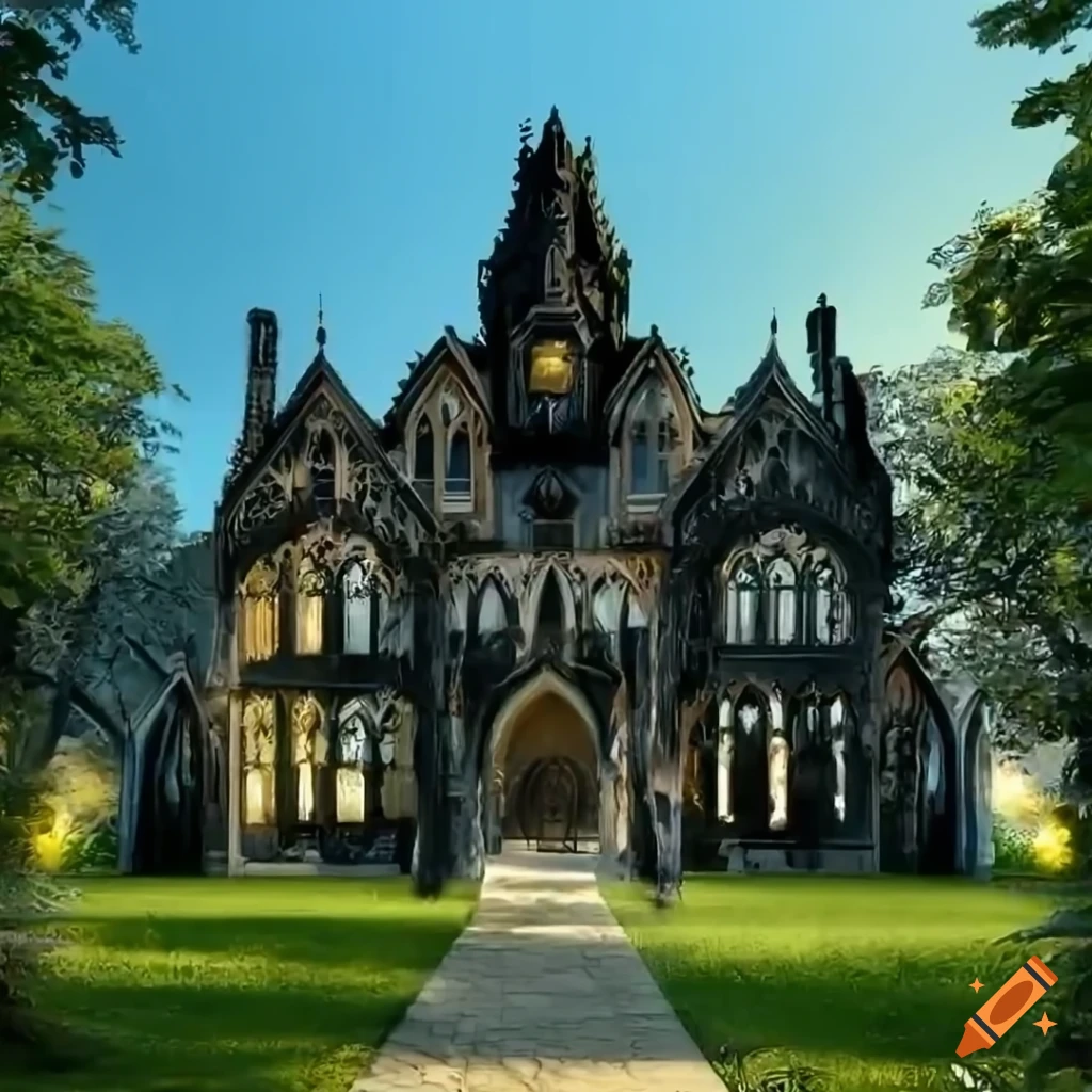 Gothic villa with oak trees and black walls under a clear blue sky on ...